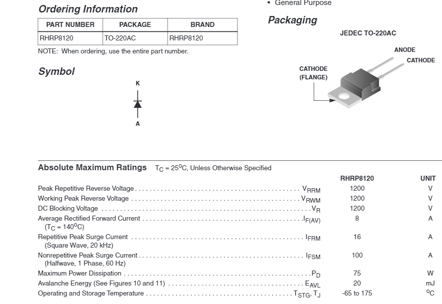 DIODE RHRP8120 8A/1200V (THÁO MÁY) - Linh Kiện